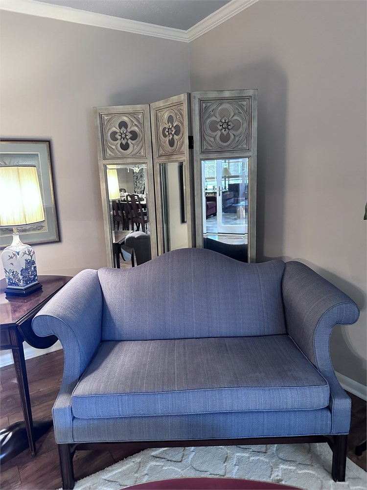 Great Finds Online Auctions - Classic Blue 2-Seat Camelback Sofa